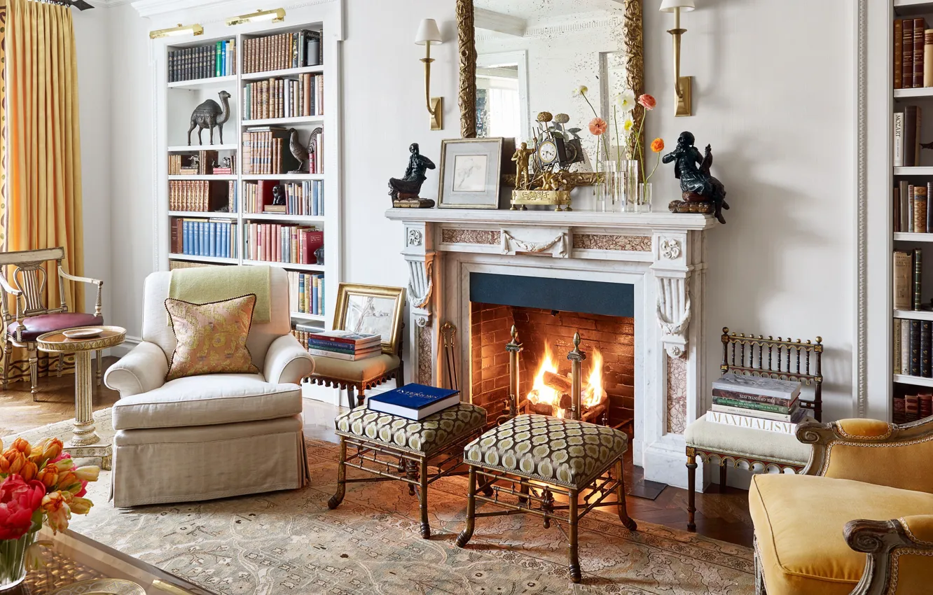 Wallpaper design, style, interior, fireplace, library, living room for ...