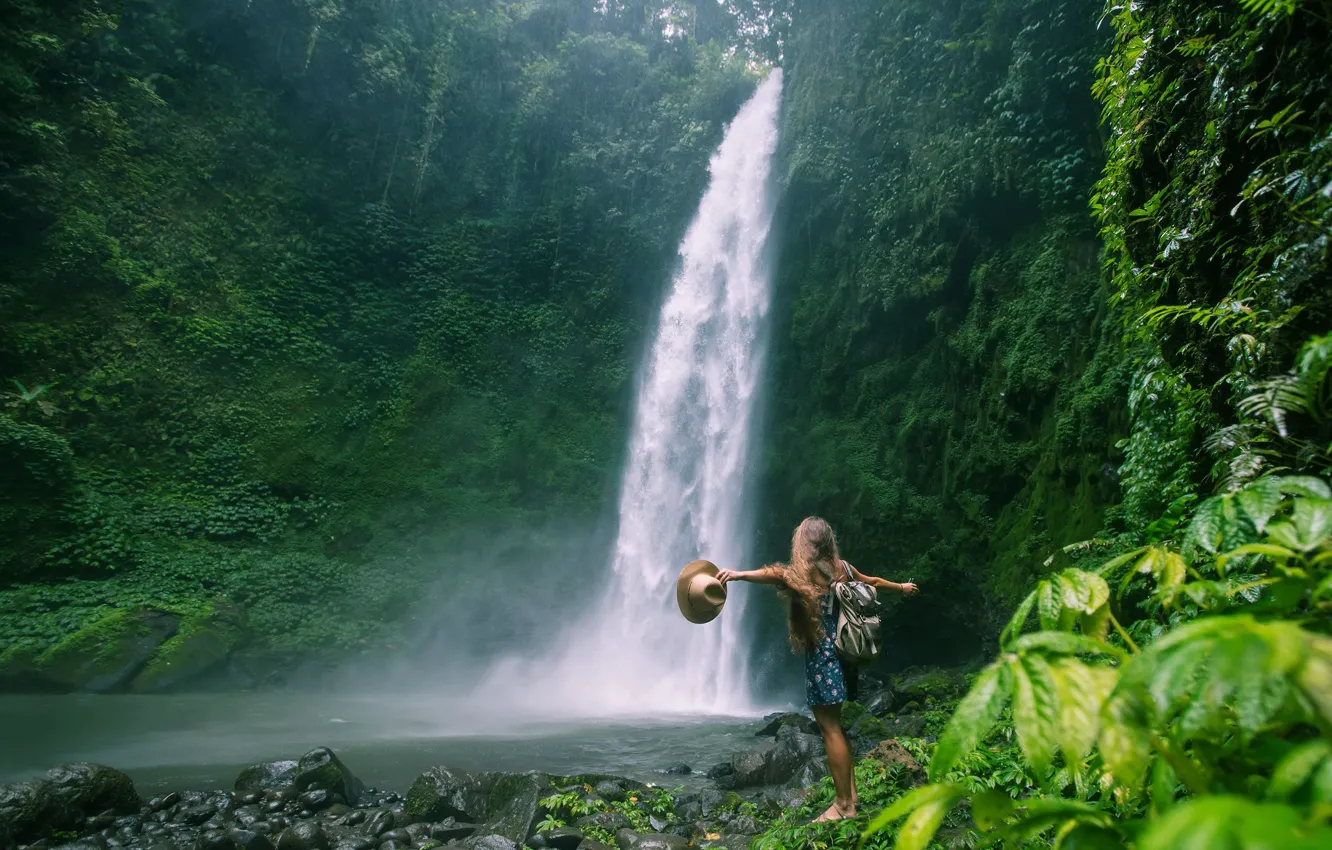 Wallpaper greens, summer, leaves, girl, pose, stones, shore, vegetation ...