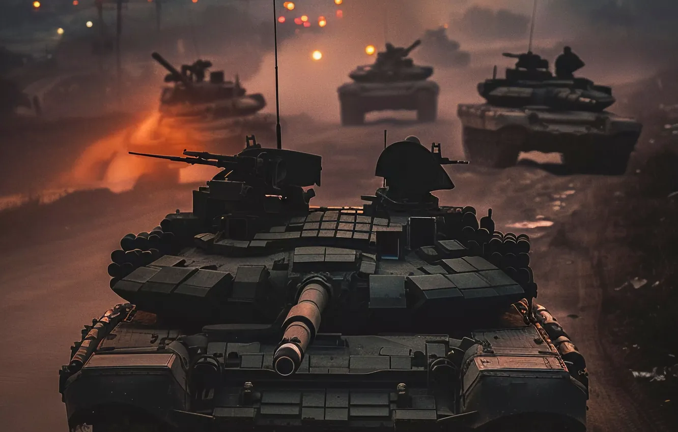 Wallpaper road, lights, smoke, the evening, tank, columns, digital art ...