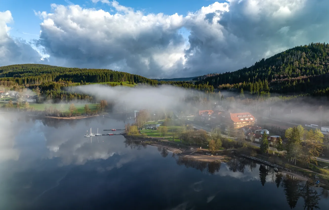 Wallpaper fog, shore, morning, pond, settlement for mobile and desktop ...