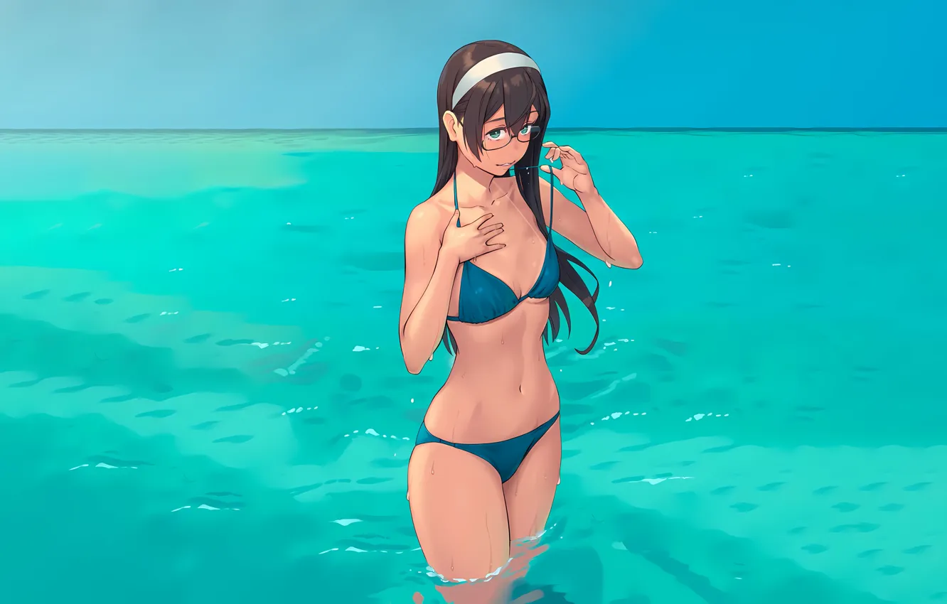 Wallpaper girl, sexy, wet, cleavage, green eyes, long hair, sea, boobs for mobile and desktop ...