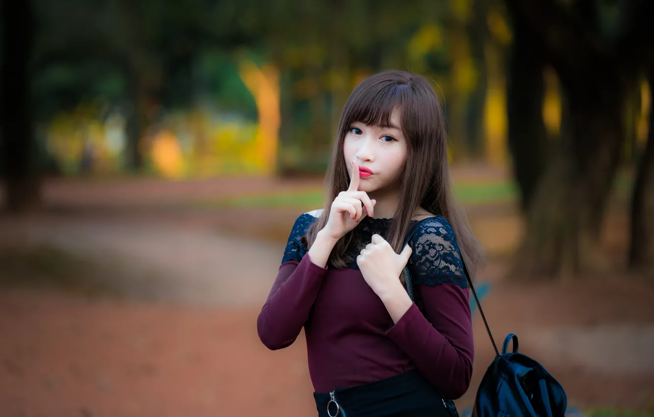 Wallpaper Girl Park Handbag Asian Gesture Cutie Bokeh Tssss For