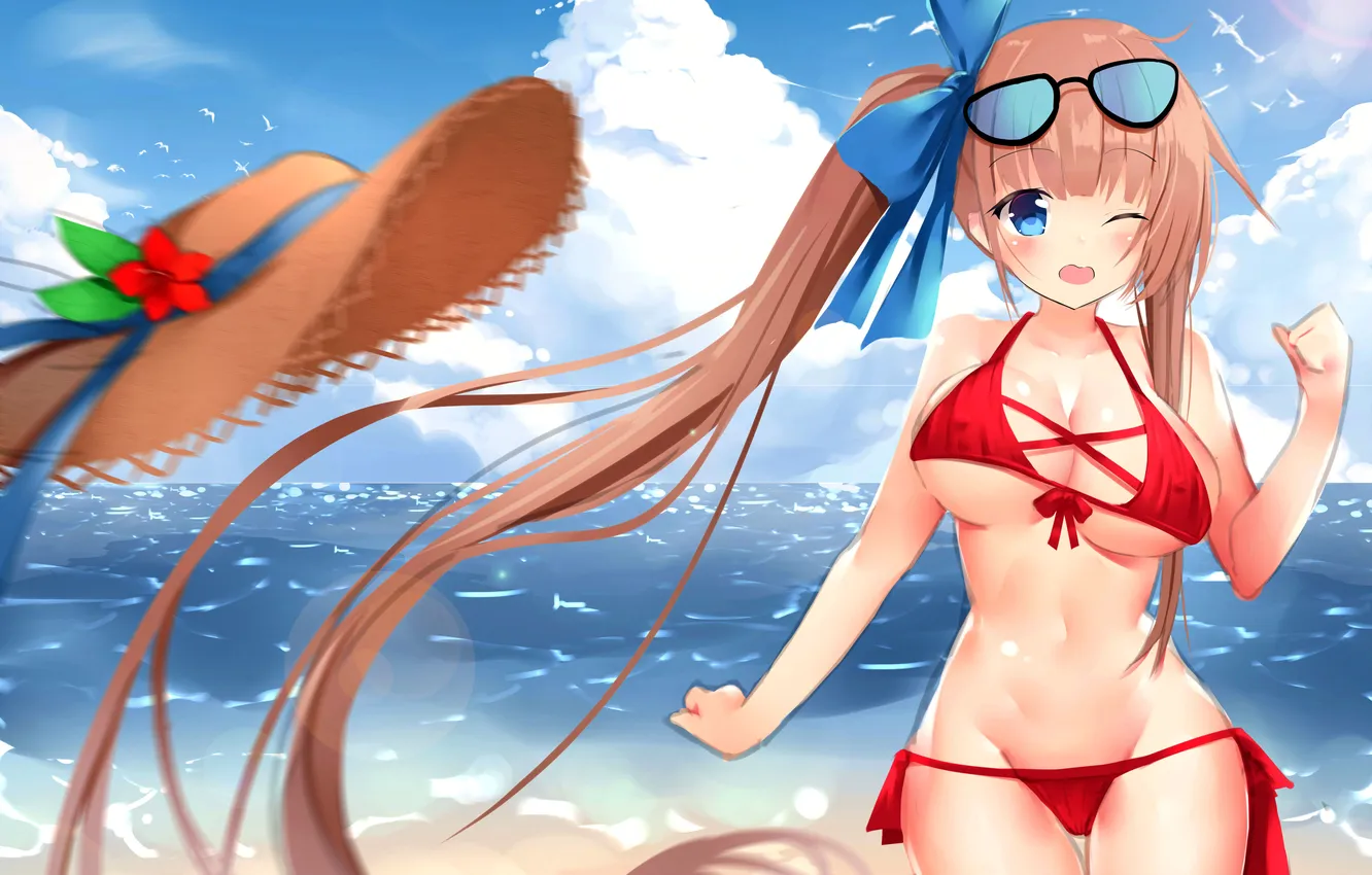 Wallpaper girl, sexy, cleavage, beach, long hair, sea, hat, boobs for mobile and desktop ...