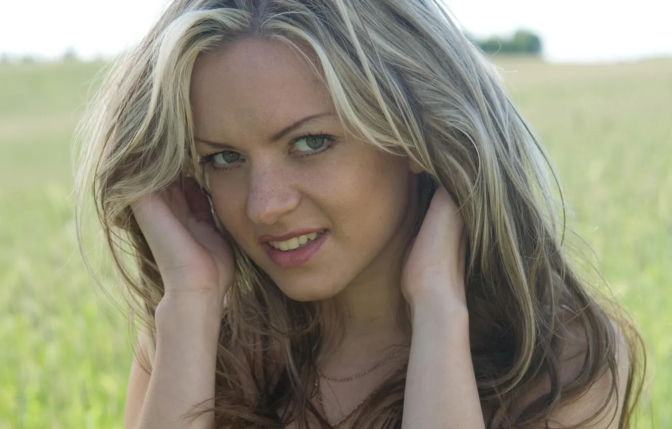 Wallpaper girl, grass, green eyes, long hair, trees, nature, smile ...