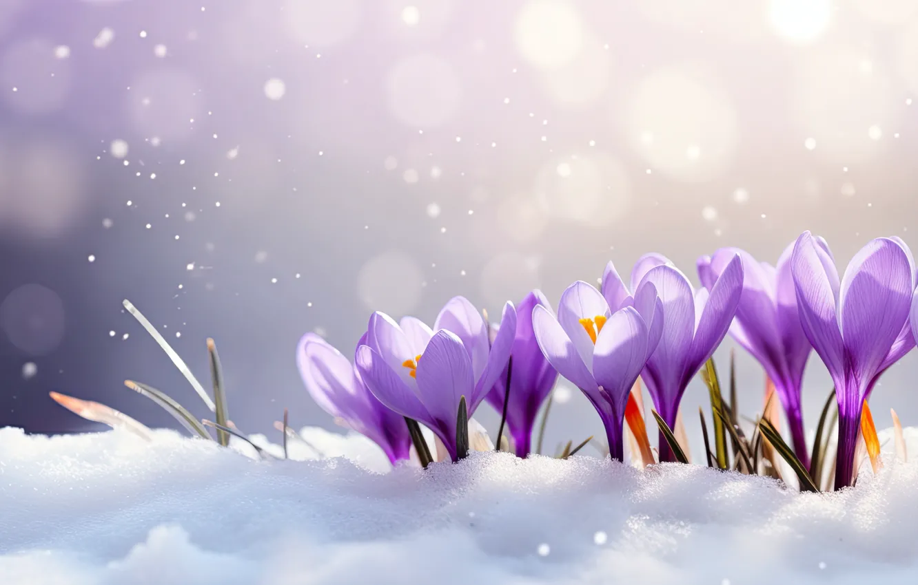 Wallpaper snow, flowers, spring, crocuses, the snow, buds, primrose ...