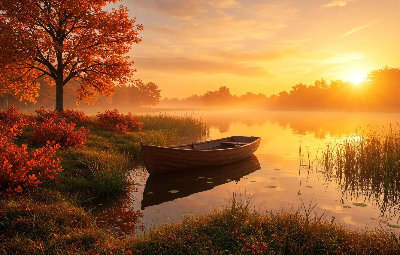Wallpaper autumn, river, boat, wallpaper, river, autumn, dawn, rasvet ...
