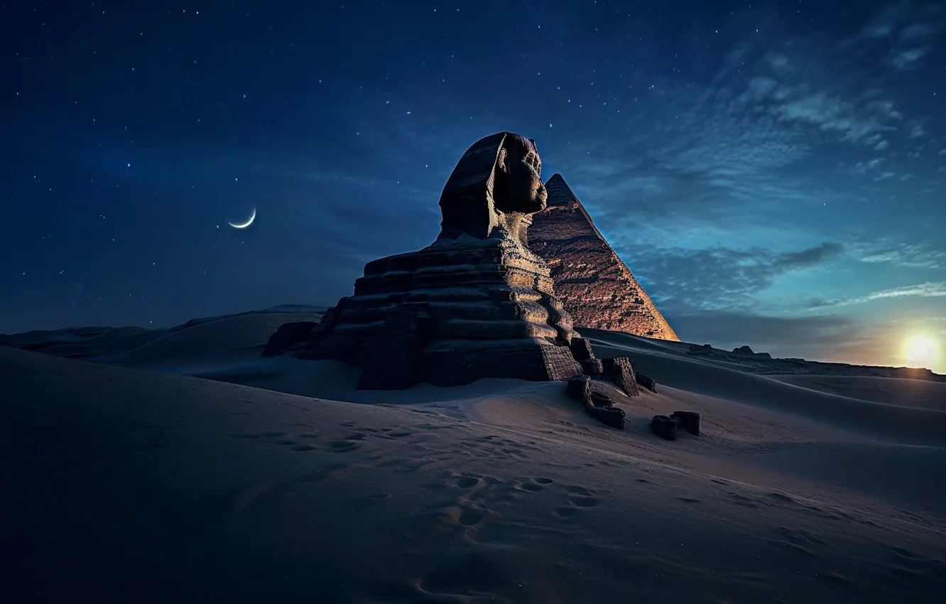Wallpaper night, desert, pyramid, Egypt, Sphinx, AI art, neural network ...