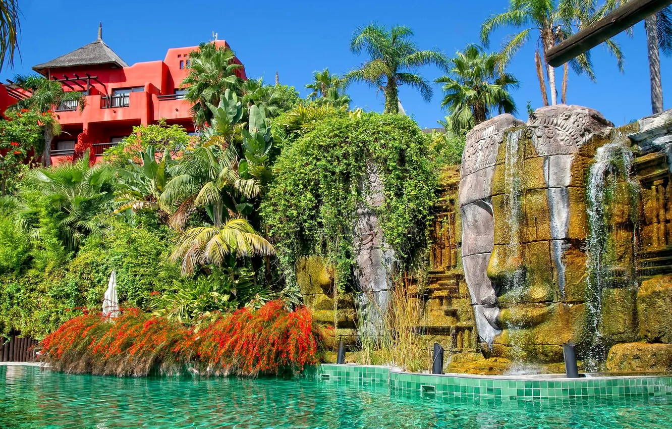 Wallpaper water, head, sculpture, the hotel, cascade, Asia Gardens ...