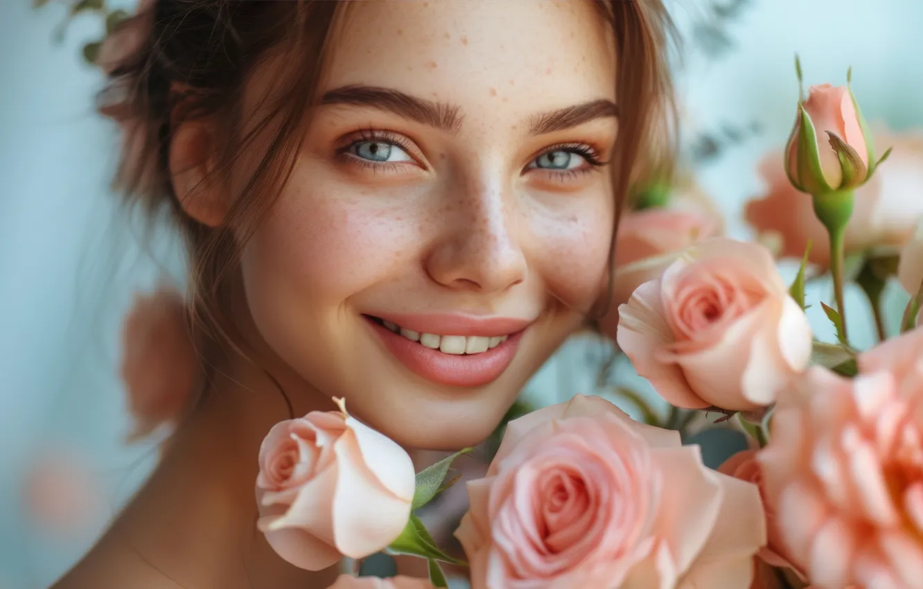 Wallpaper girl, face, smile, portrait, roses, bouquet, pink, AI art for ...