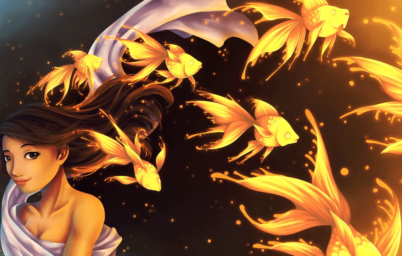 Wallpaper girl, fish, hair, art, fabric, a lot, gold for mobile and ...