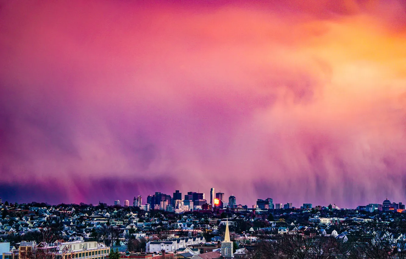 Wallpaper city, twilight, sunset, pink, Boston, clouds, dusk, downtown ...