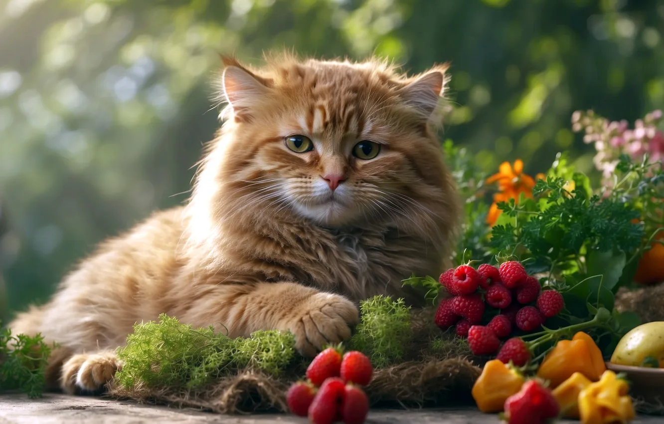 Wallpaper cat, raspberry, red, fruit, bokeh for mobile and desktop ...