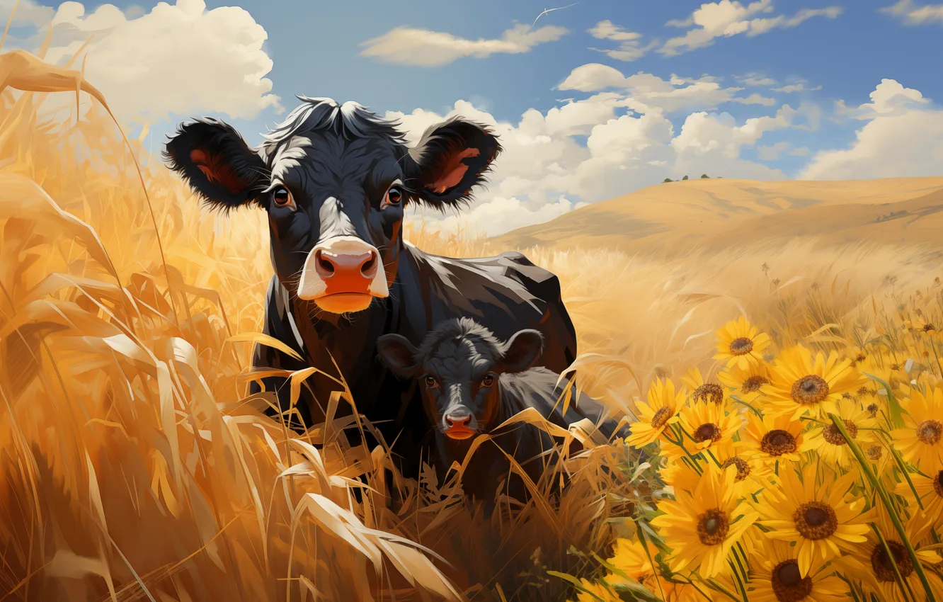 Wallpaper grass, flowers, cows, ears, two, digital art, calf, AI art ...