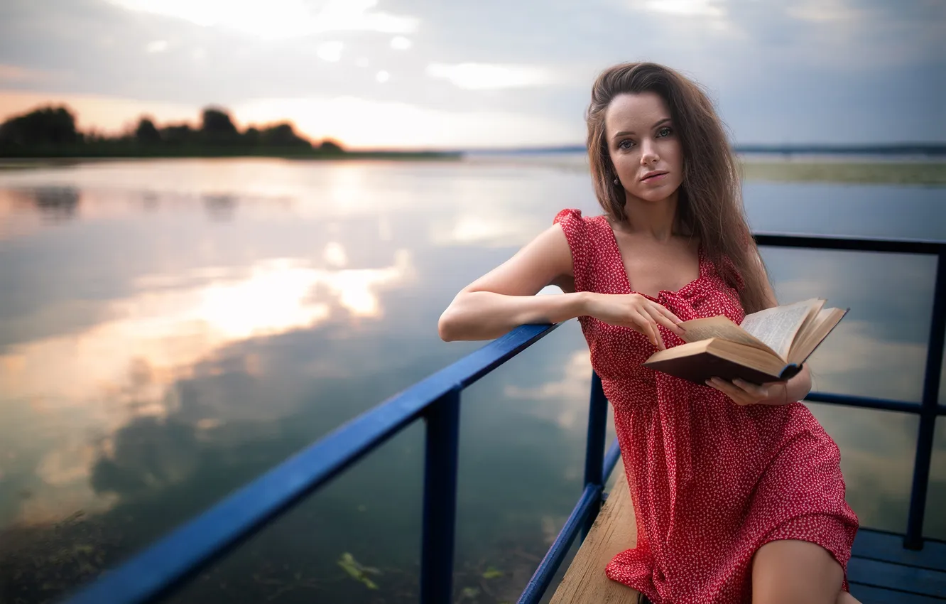 Wallpaper look, girl, pose, river, mood, book, red dress, Dmitry Shulgin for mobile and desktop ...