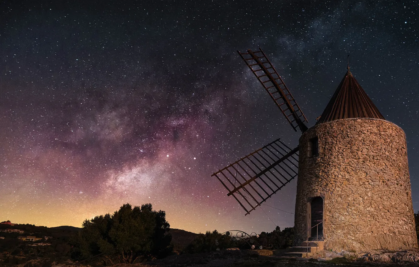 Wallpaper stars, night, the milky way, the night sky, windmill for mobile and desktop, section ...