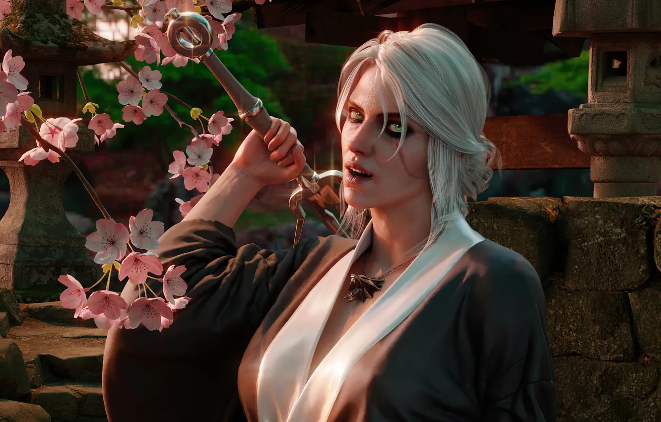Wallpaper girl, spring, sword, cherry blossoms, horse, The Witcher 3 ...