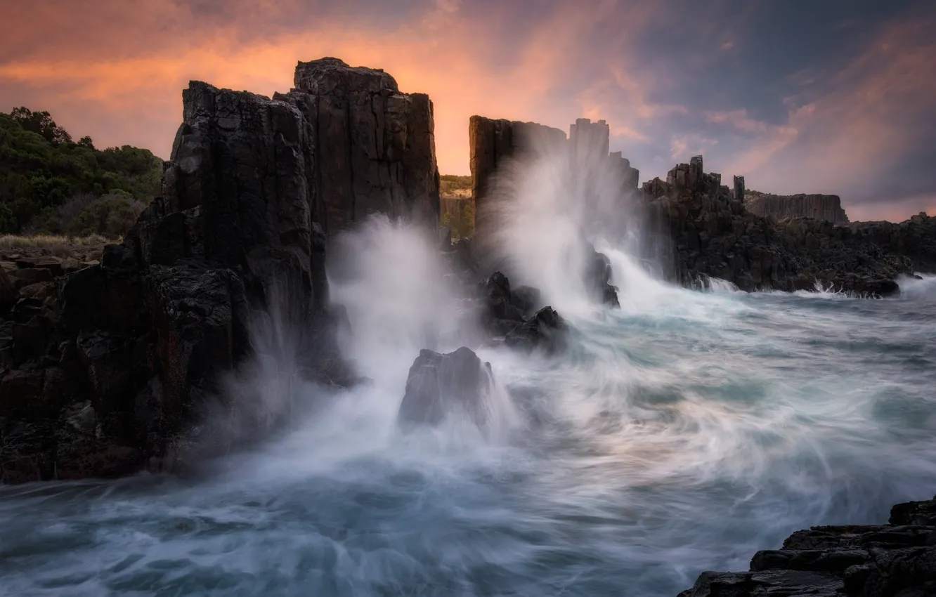 Wallpaper sea, wave, clouds, light, sunset, squirt, storm, stones for ...