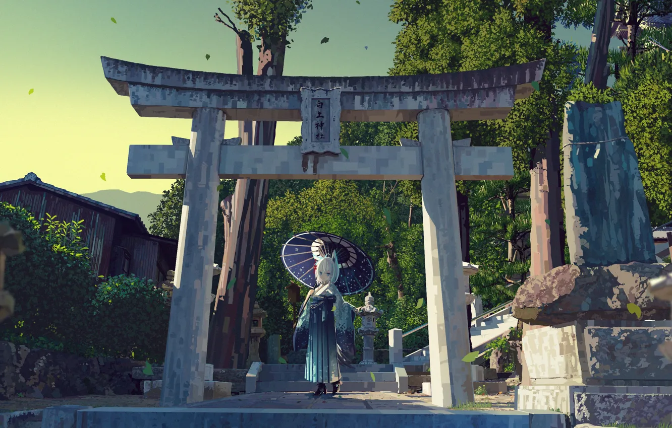 Wallpaper girl, umbrella, ears, traditional clothing, torii, Hololive ...