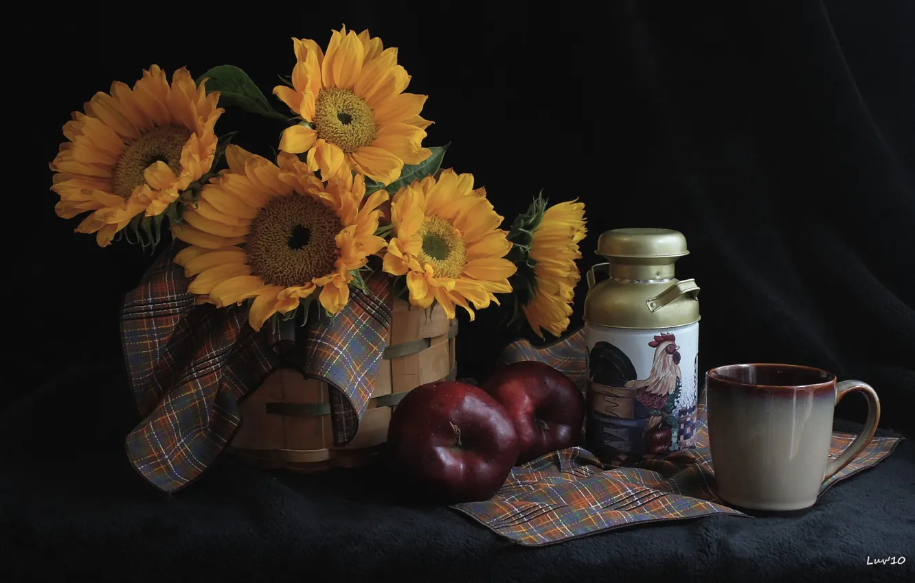 Wallpaper sunflowers, apples, Cup, dishes, still life for mobile and ...