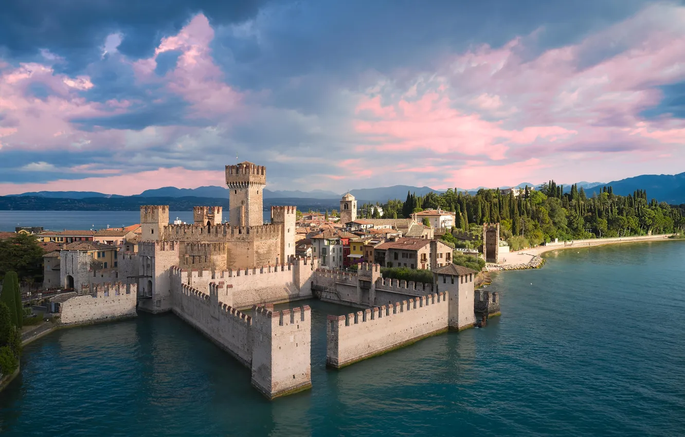 Wallpaper tower, castle, Lake Garda, aerial view, Popular, castle italy ...