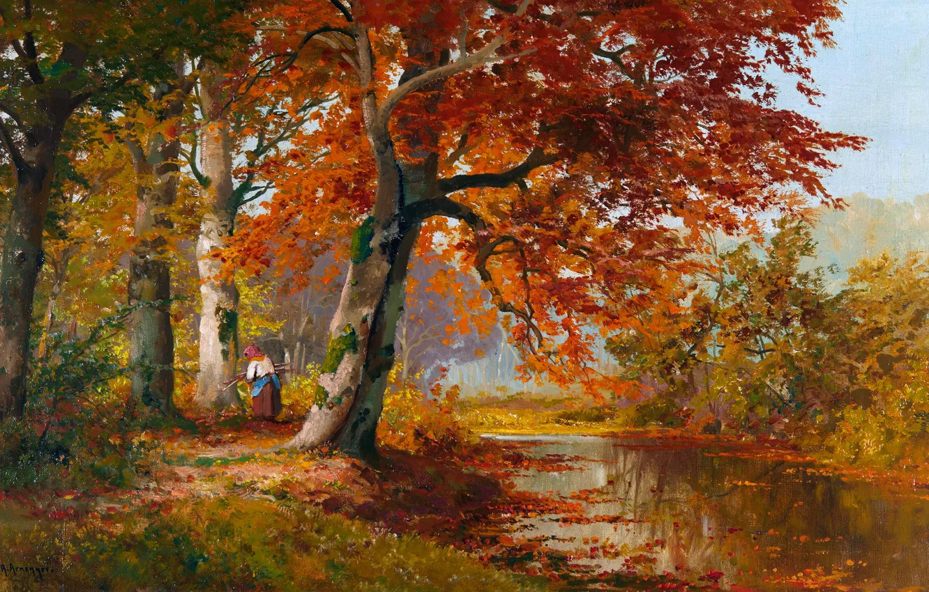 Wallpaper trees, woman, picture, river, Alois Arnegger, Austrian ...