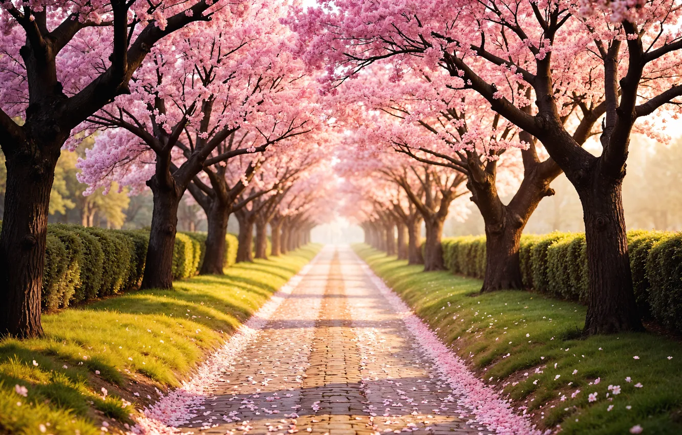 Wallpaper trees, Park, spring, Sakura, alley, flowering, trees, pink ...