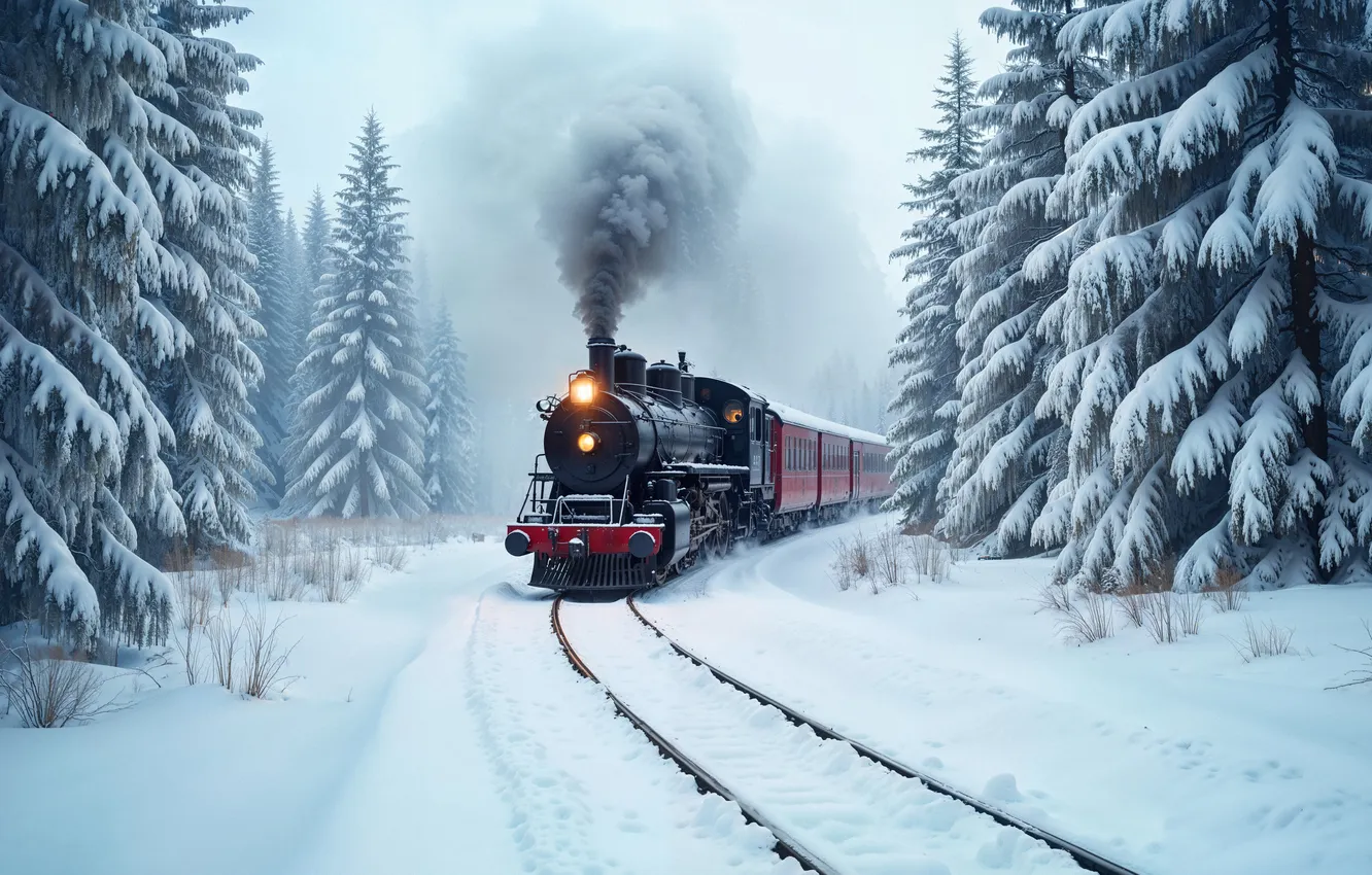 Wallpaper winter, forest, snow, retro, tree, train, railroad, forest ...