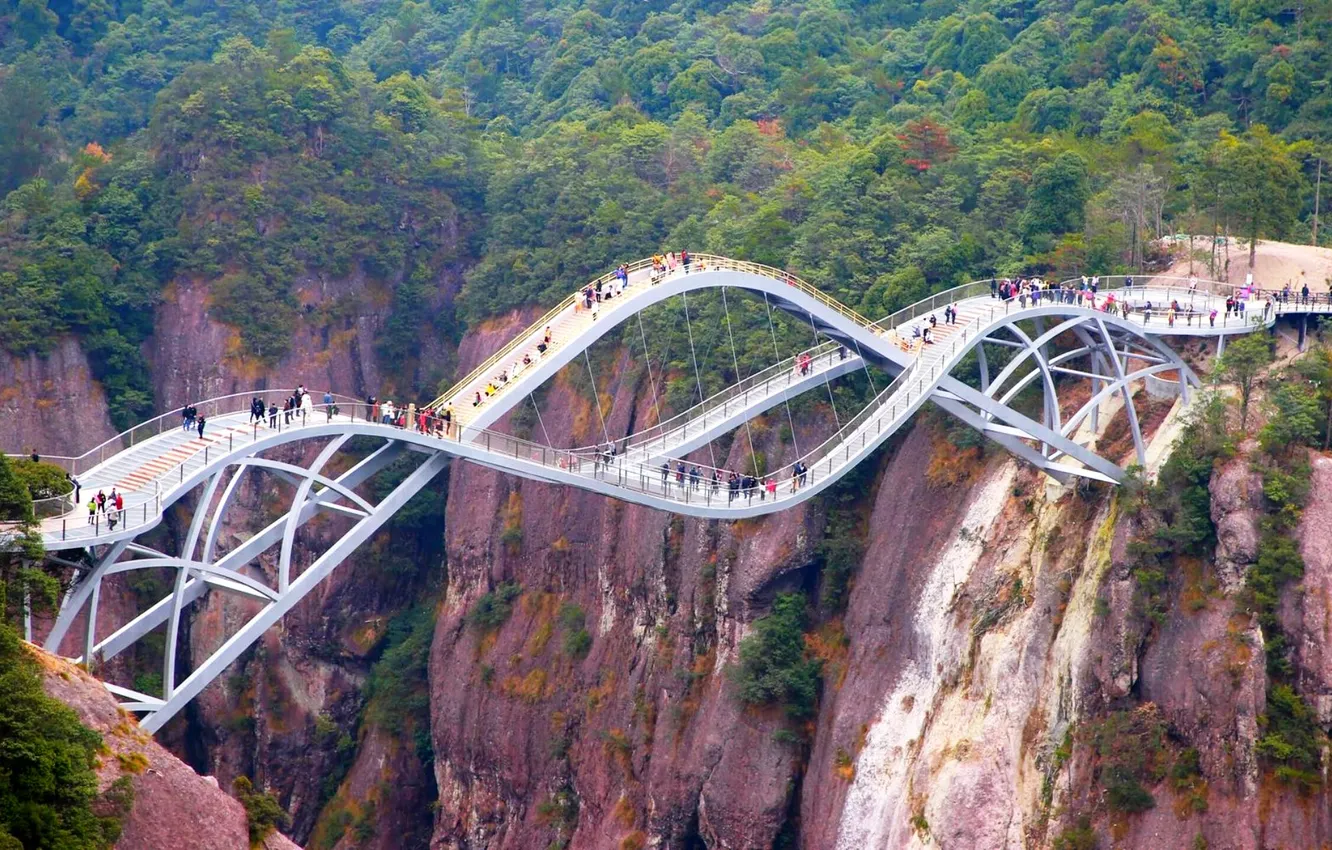 Wallpaper forest, trees, landscape, mountains, bridge, nature, rocks ...