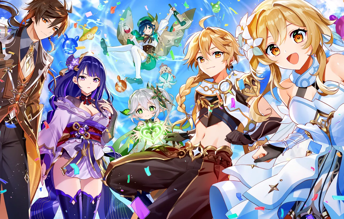 Wallpaper the sky, girl, children, elf, guy, fungi, Aether, Genshin ...