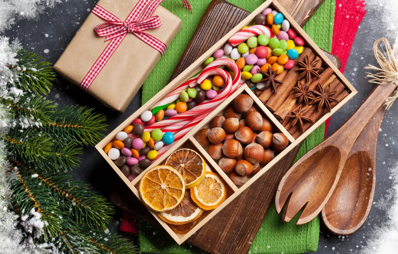 Wallpaper snow, box, gift, star, oranges, deer, Christmas, candy for ...