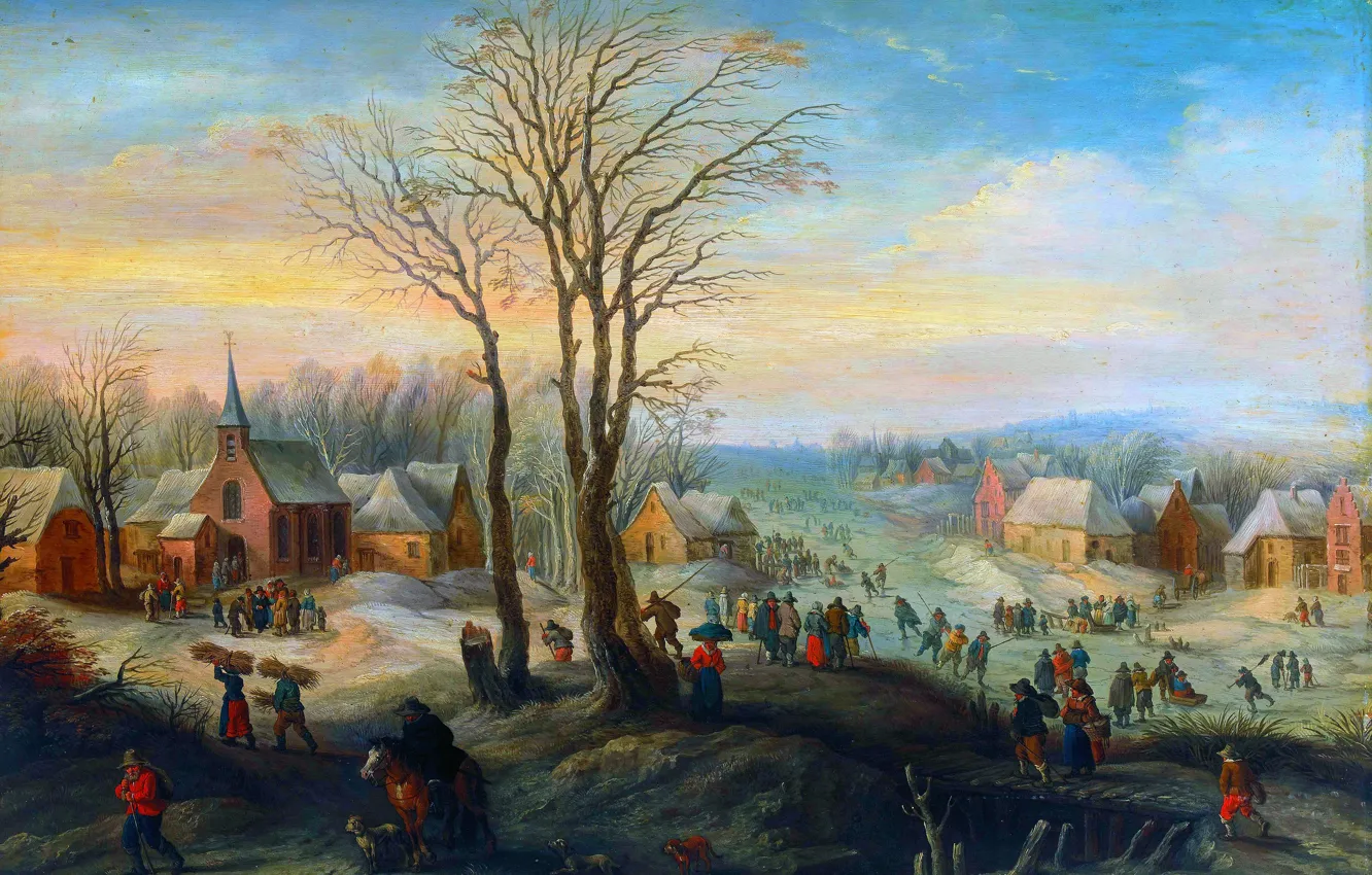 Wallpaper trees, people, home, picture, village, Winter landscape with ...