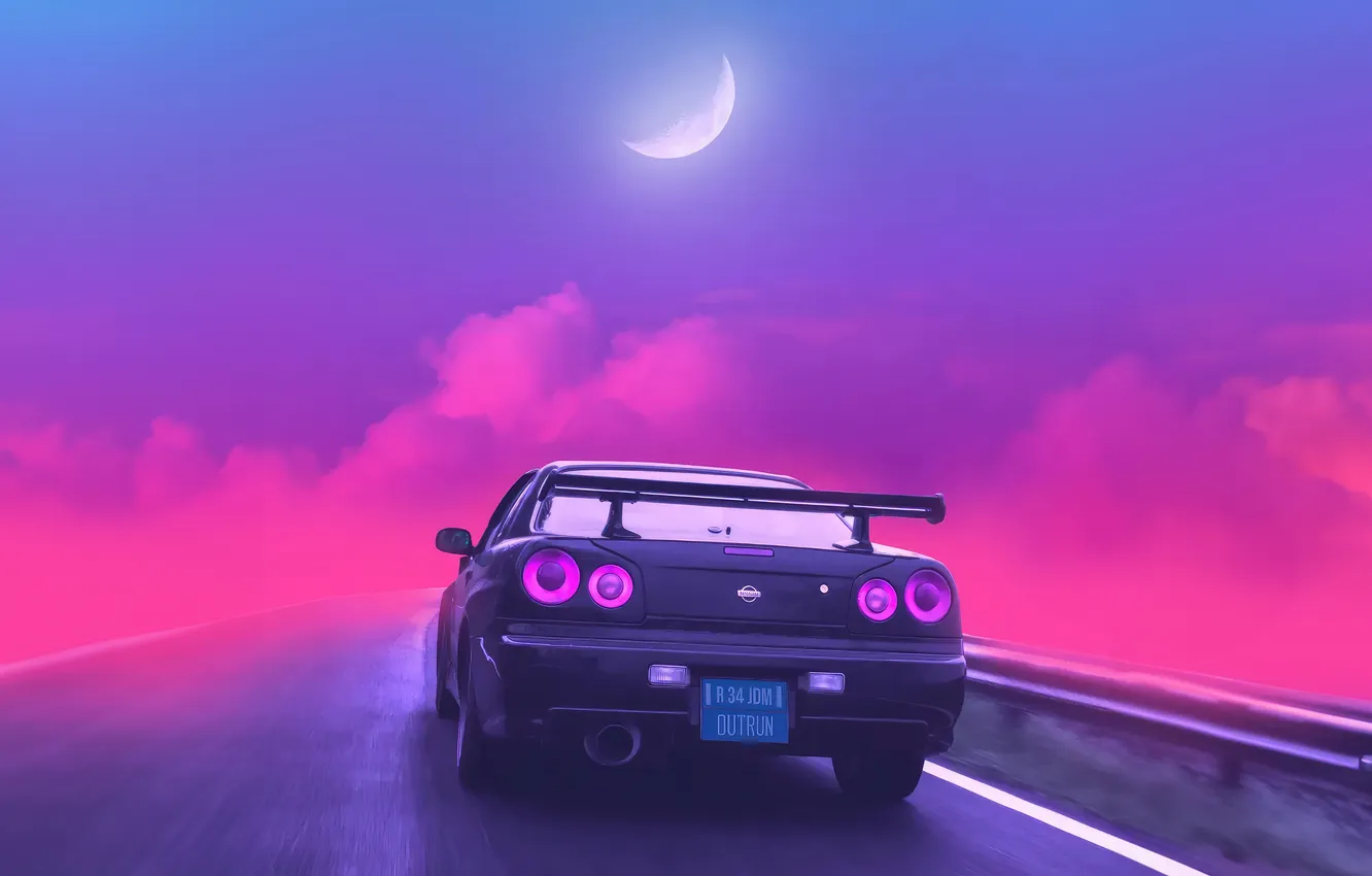 Wallpaper road, clouds, moon, sky, Nissan GTR, Synthwave, pink Color ...
