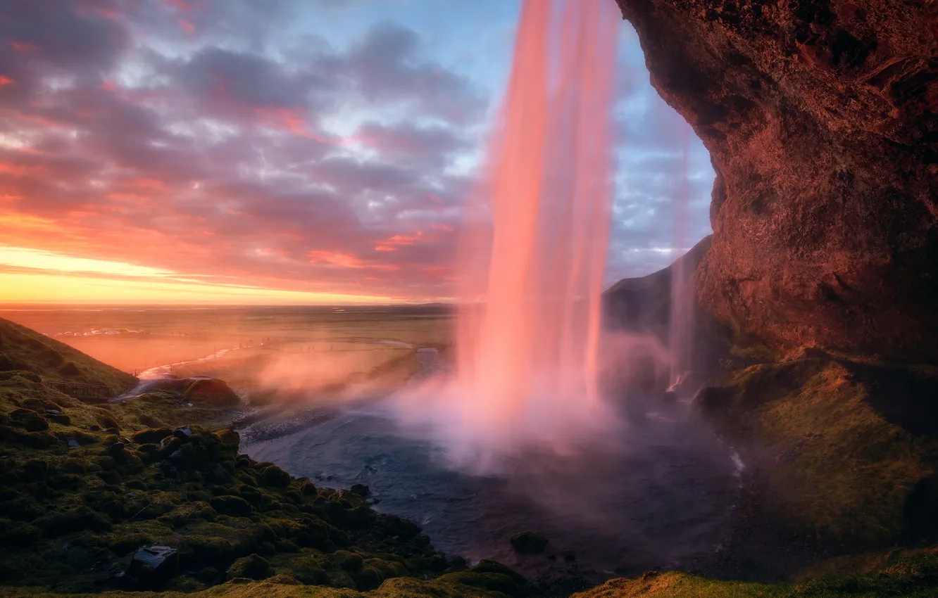 Wallpaper rocks, dawn, waterfall, morning, Iceland for mobile and ...