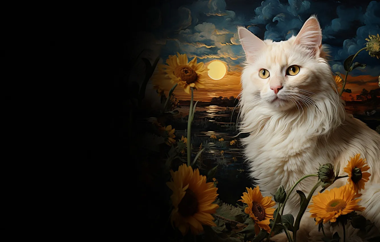 Wallpaper field, cat, cat, sunflowers, flowers, night, lake, the moon ...