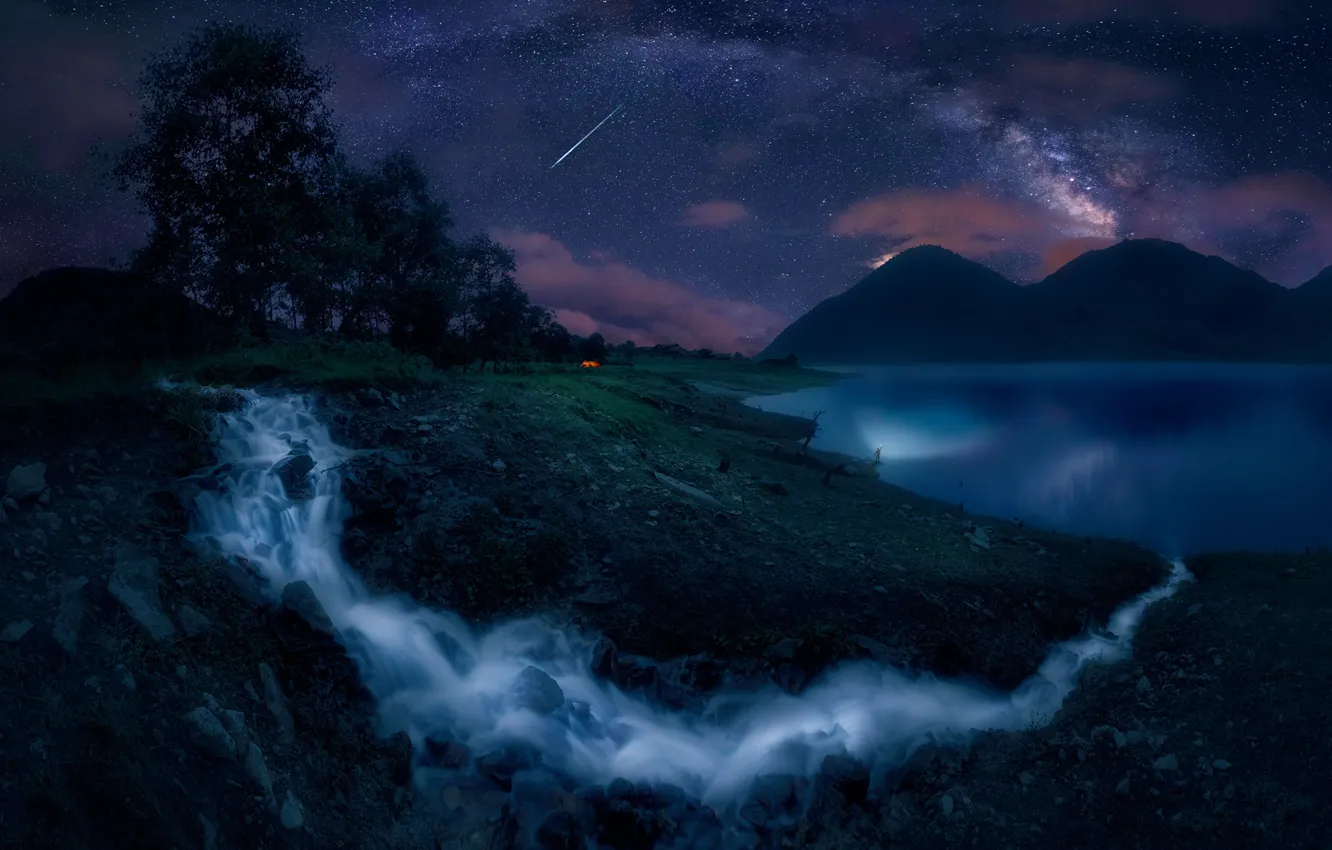 Wallpaper trees, mountains, night, lake, waterfall, the milky way ...