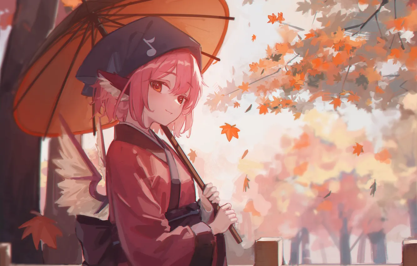 Wallpaper autumn, girl, umbrella, the demon, fantasy, Sparrow, Touhou ...