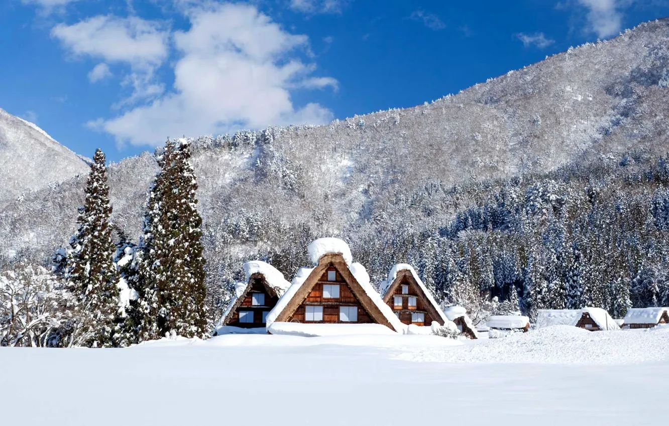 Wallpaper winter, snow, mountains, house, Japan, village, Shirakawa ...