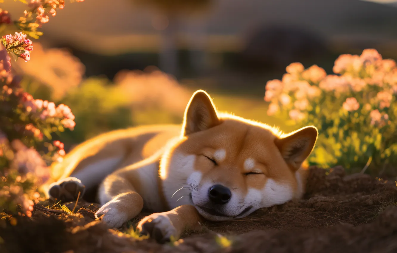Wallpaper light, flowers, nature, sleep, dog, sleeping, Shiba inu, AI ...