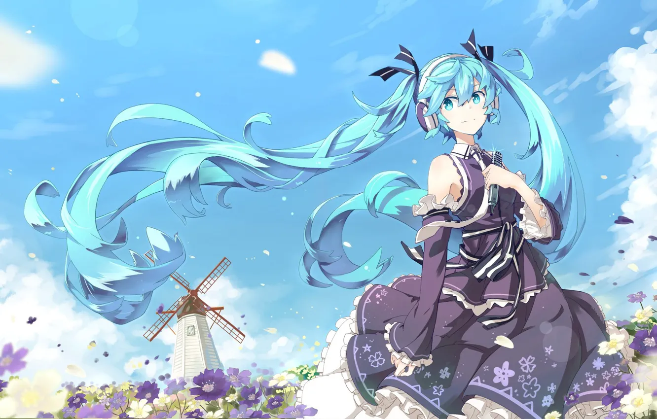 Wallpaper the wind, headphones, vocaloid, Hatsune Miku, Vocaloid, blue ...