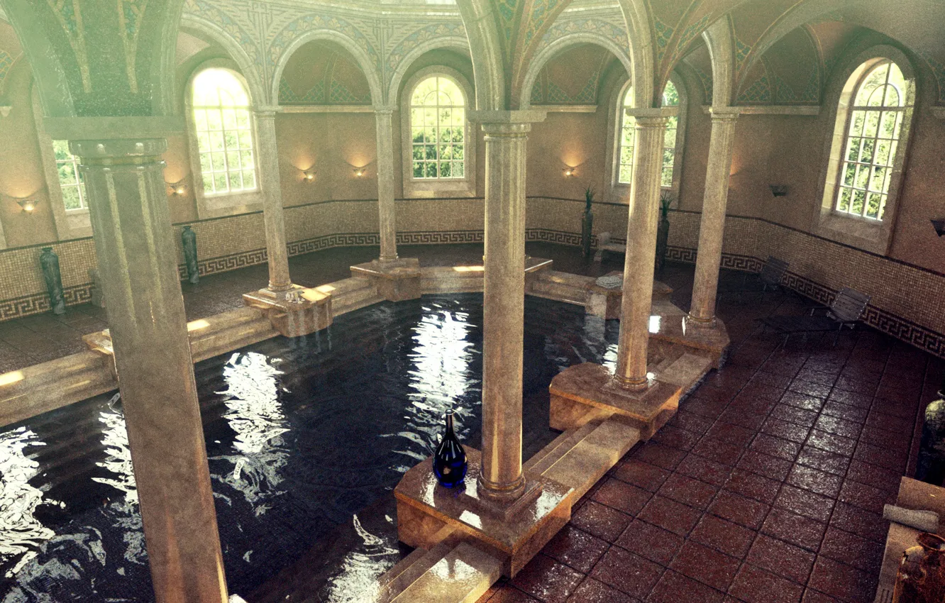 Wallpaper water, pool, columns, the room, Baths for mobile and desktop ...