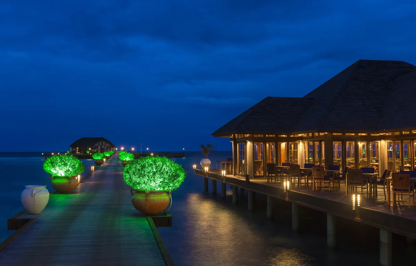 Wallpaper bridge, the evening, pier, lighting, restaurant, The Maldives ...