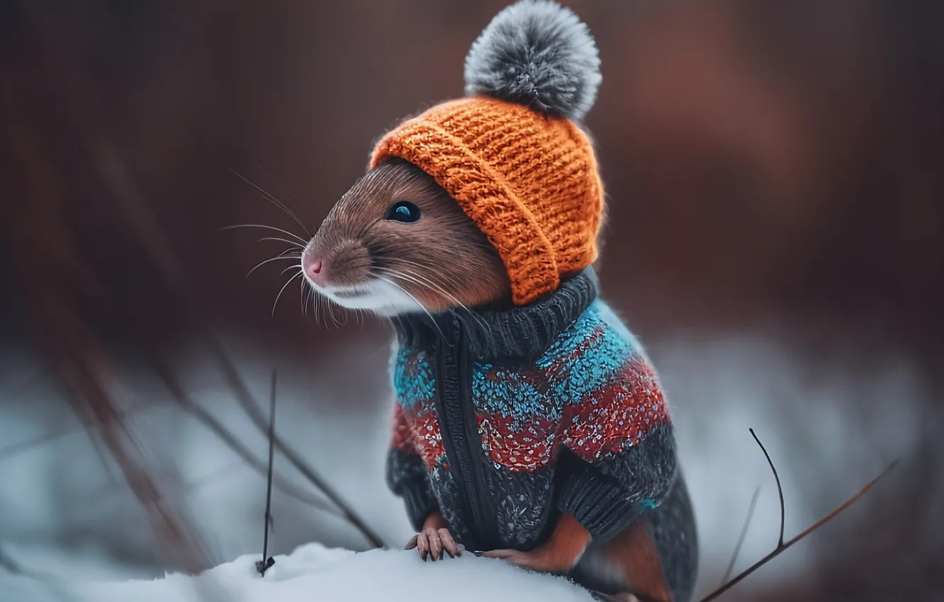 Wallpaper winter, snow, mouse, mouse, rat, cap, sweater, rodent for ...