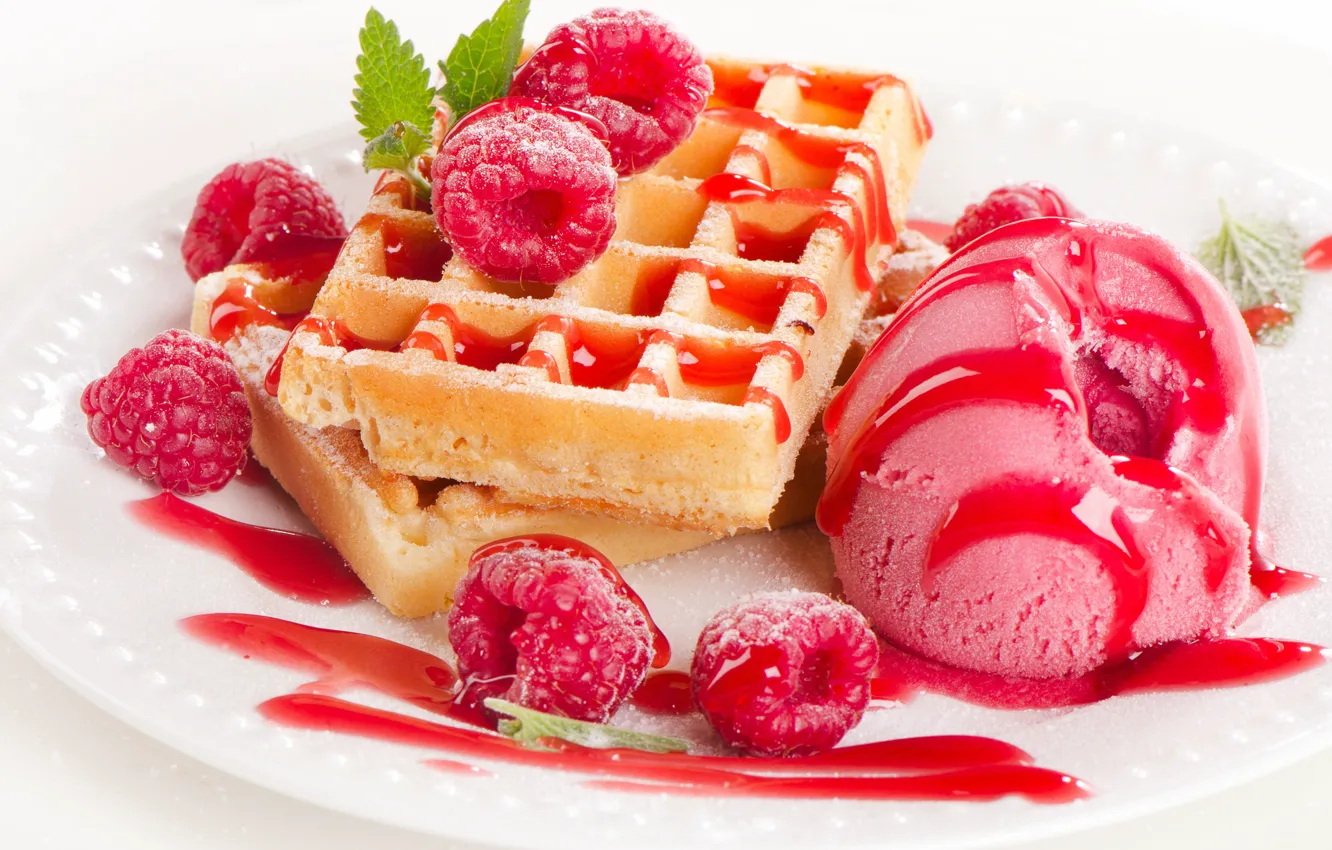 Wallpaper raspberry, ice cream, mint, dessert, waffles, sweet, syrup ...