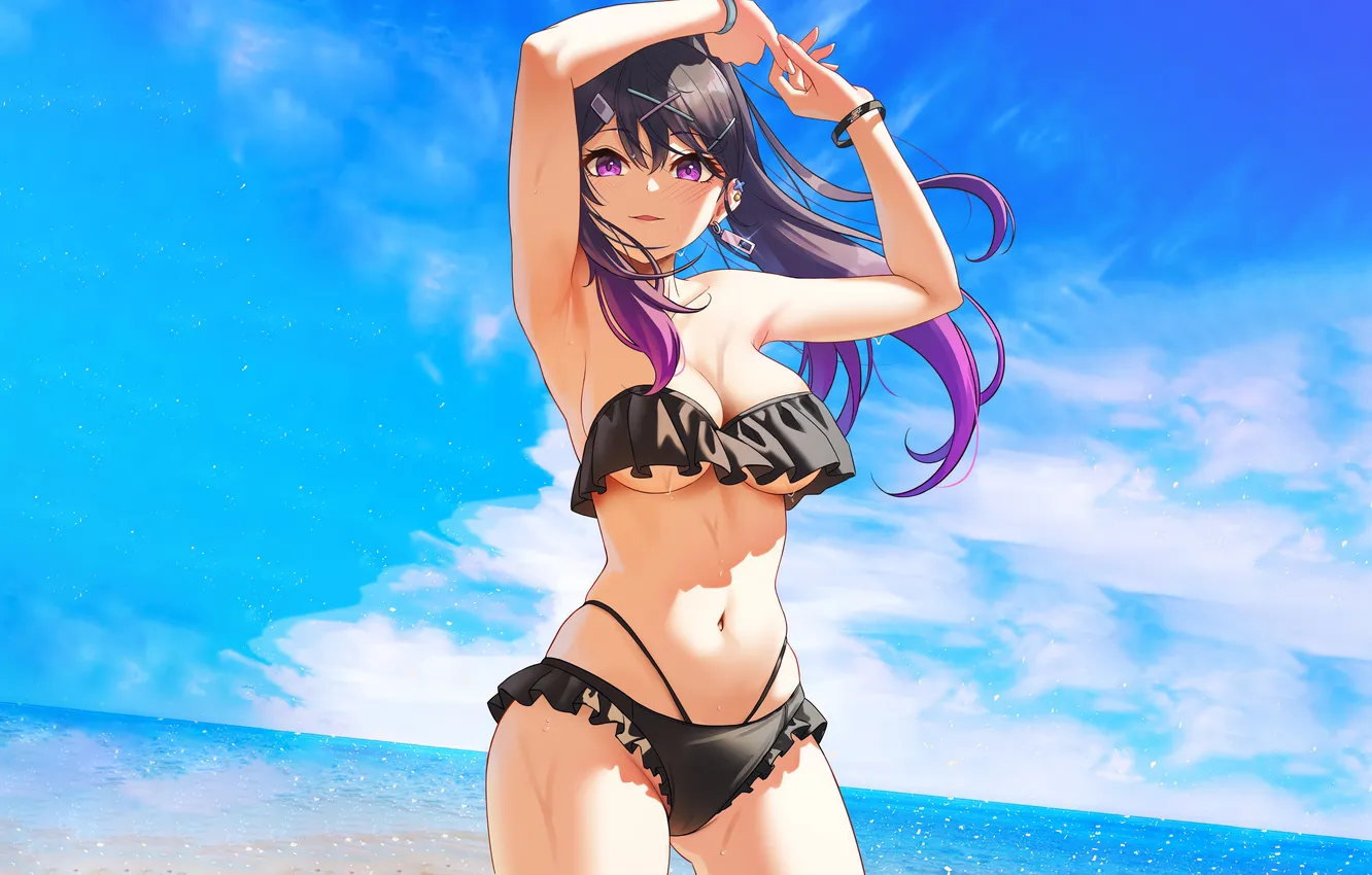 Wallpaper girl, sexy, wet, cleavage, beach, long hair, sea, boobs for mobile and desktop ...