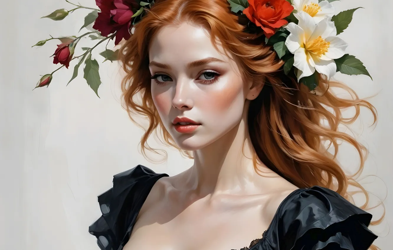 Wallpaper look, girl, face, pose, portrait, light background, redhead, imitation painting for ...