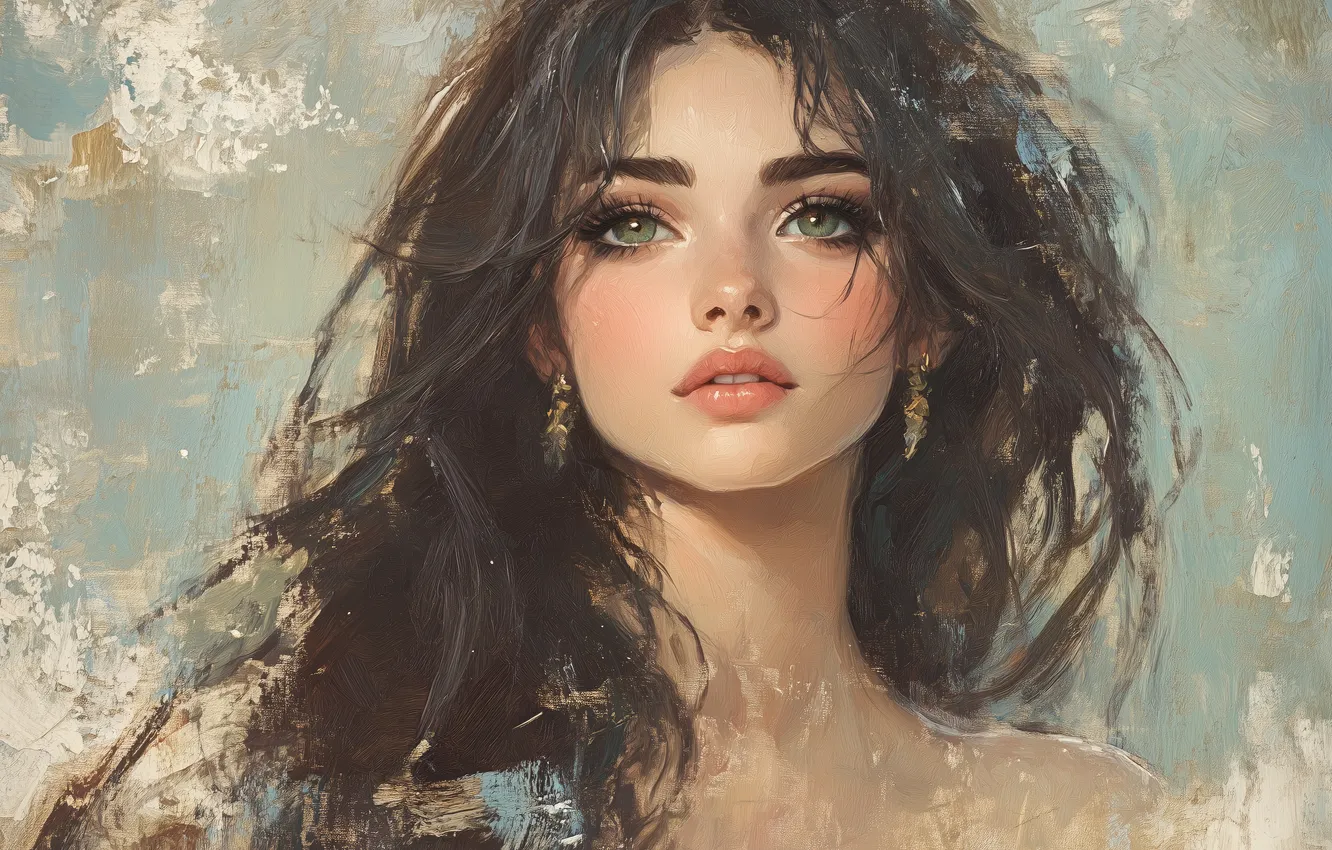 Wallpaper look, girl, portrait, brunette, beauty, imitation painting ...