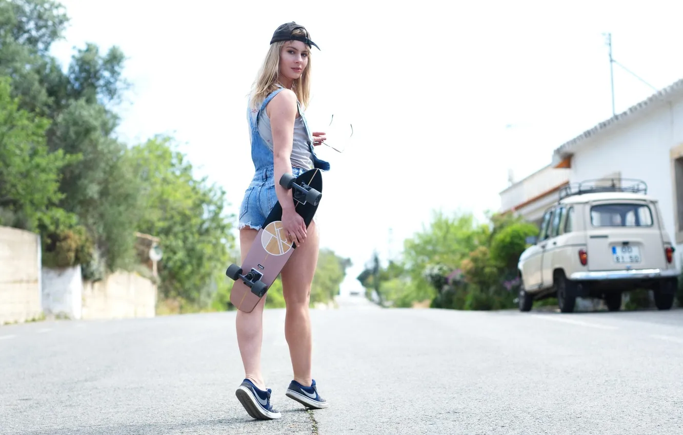 Wallpaper girl, shorts, beautiful, jeans, blonde, skateboard, sneakers for mobile and desktop ...