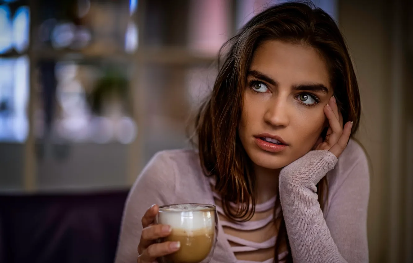 Wallpaper girl, model, bokeh, hair, look, coffee, Lily Gilbert, Chris ...