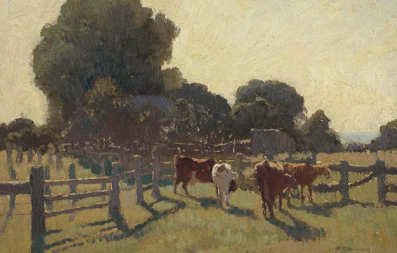 Wallpaper animal, picture, cows, frosty morning, Elioth Gruner, Elliot ...
