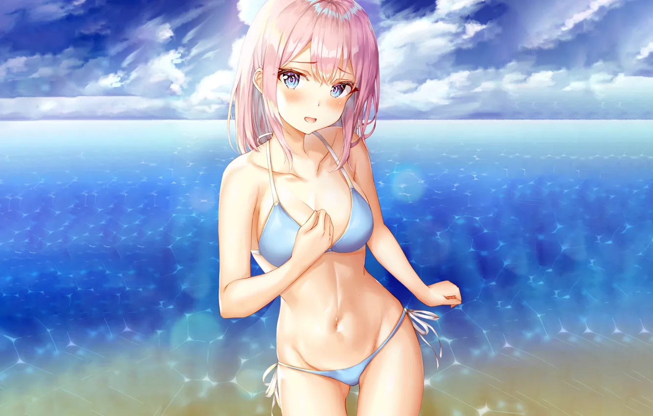 Wallpaper girl, sexy, cleavage, beach, pink hair, long hair, sea, boobs for mobile and desktop ...